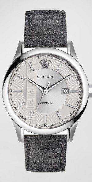 Versace - 44mm Aiakos Men's Automatic Watch with Gray Leather Strap