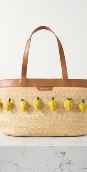 AQUAZZURA - Lemon leather-trimmed embellished raffia tote