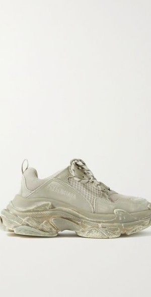 BALENCIAGA - Triple S logo-embroidered distressed leather and mesh sneakers
