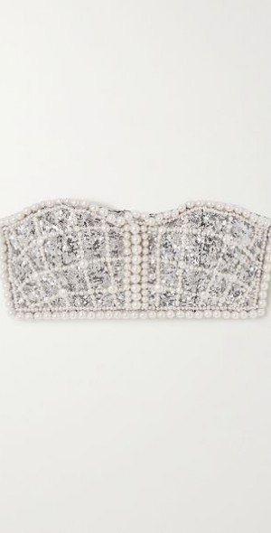 BALMAIN - Cropped faux pearl-embellished sequinned chiffon bustier top