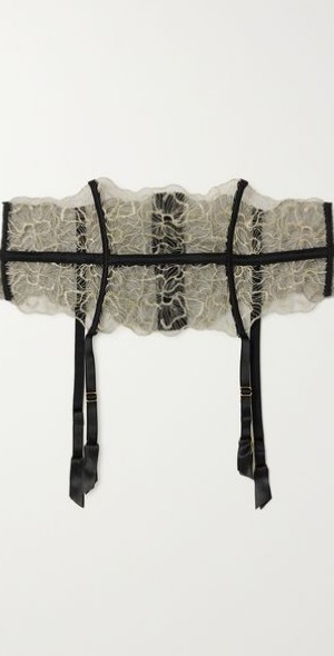 COCO DE MER - Damona satin-trimmed metallic Leavers lace suspender belt