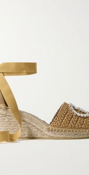 GUCCI - Cora crystal-embellished canvas and raffia espadrille wedge sandals