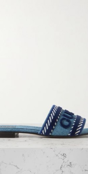 GUCCI - Jane velvet-trimmed embroidered denim slides