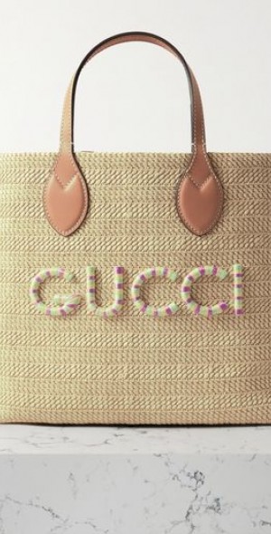 GUCCI - Leather-trimmed appliquéd raffia tote