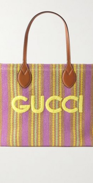 GUCCI - Leather-trimmed embroidered striped raffia tote