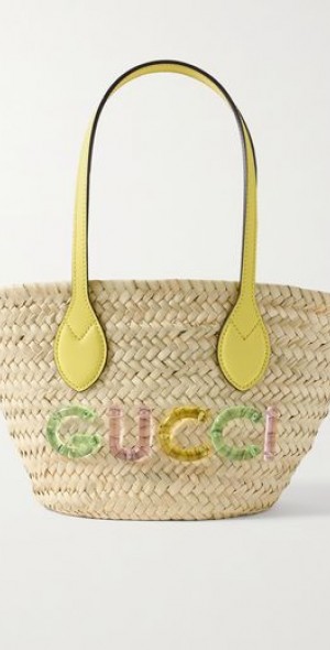 GUCCI - PVC-embellished leather-trimmed raffia shoulder bag