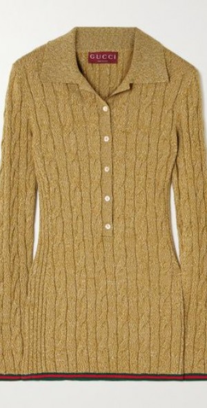 GUCCI - Striped webbing-trimmed cable-knit wool polo shirt