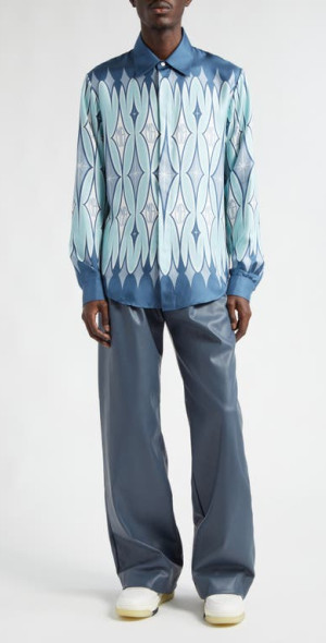 AMIRI - Argyle Monogram Silk Button-Up Shirt in Aqua at Nordstrom