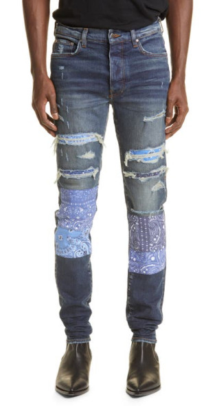 AMIRI - Bandana Art Patch Thrasher Ripped Skinny Jeans in Deep Classic ...