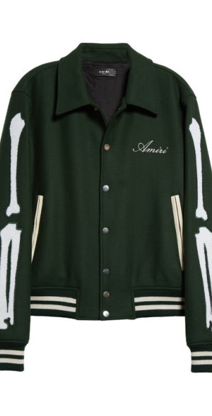 AMIRI - Bones Chenille Patch Wool Blend Varsity Jacket in Rain Forest at Nordstrom