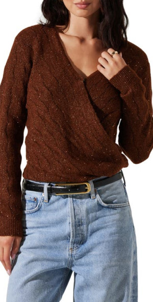 ASTR the Label - Metallic Sequin Surplice Cable Stitch Sweater in Copper