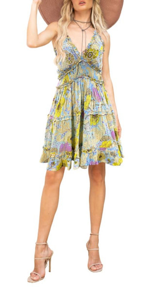 BAROK PARIS - Floral Ruffle Smocked Empire Waist Sundress in Blue at ...