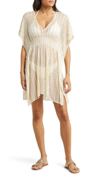 Becca - Golden Sheer Lace Cover-Up Tunic in White/Gold at Nordstrom