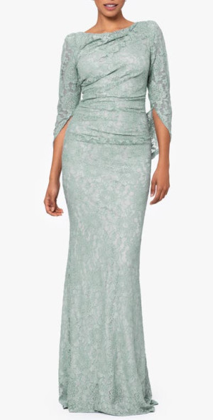 Betsy & Adam - Drape Back Cape Sleeve Lace Trumpet Gown in Sage at ...