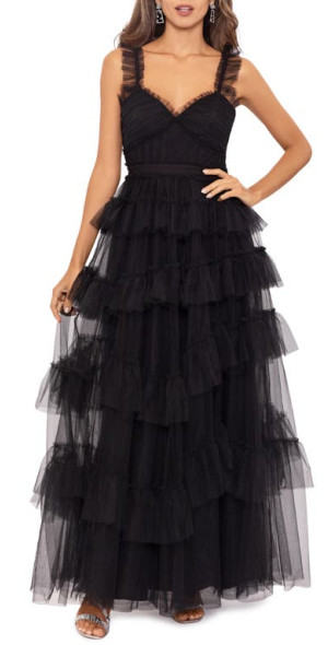 Betsy & Adam - Tiered Ruffle Tulle Gown in Black at Nordstrom
