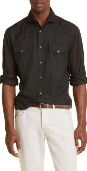Brunello Cucinelli - Easy Fit Cotton Western Shirt in C6351 Black at ...