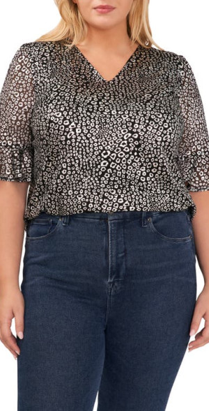 CeCe - Metallic Ruffle Top in Rich Black