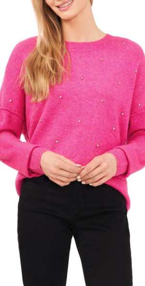 CeCe - Rhinestone Embellished Crewneck Sweater in Paradox Pink at Nordstrom