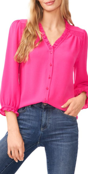 CeCe - Ruffle V-Neck Blouse in Bright Rose