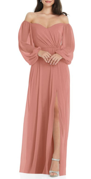 Dessy Collection - Convertible Neck Long Sleeve Chiffon Gown in Desert Rose