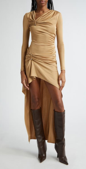 Dion Lee - Gathered Bolt Long Sleeve Satin Jersey Dress in Timber