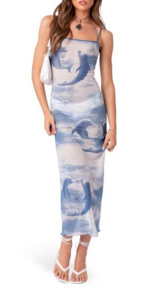 EDIKTED - Dolphin Print Sheer Mesh Slipdress in Blue at Nordstrom