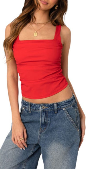 EDIKTED - Rio Ruched Square Neck Tank Top in Red