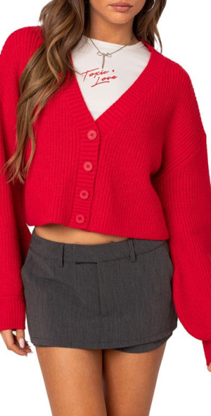 EDIKTED - Sabrina Chunky Knit Crop Cardigan in Red at Nordstrom