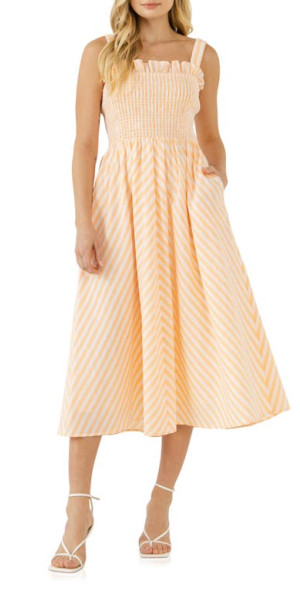 English Factory - Stripe Smocked Midi Sundress in White/Coral