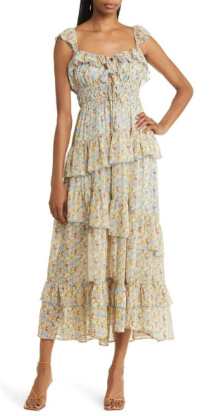 FLORET STUDIOS - Floral Ruffle Tiered Chiffon Dress in Dusty Blue ...