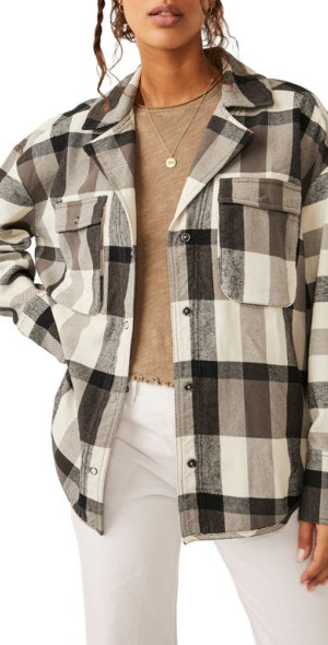 Free People - Izzy Buffalo Check Flannel Shirt in Black And Cream Comb ...