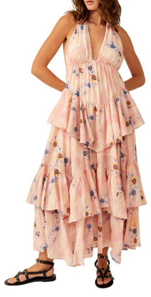 Free People - Stop Time Floral Tiered Ruffle Cotton Maxi Dress in Blush ...