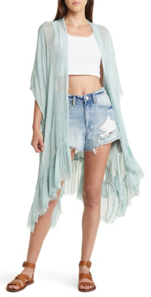 Free People - Whisper Wash Ruffle Open Front Duster in Chambray at ...