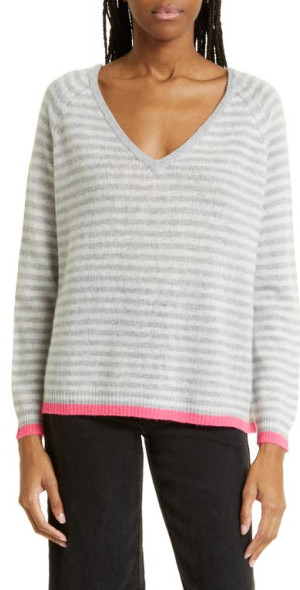JUMPER 1234 - Little Stripe V-Neck Cashmere Sweater in Silver Neon Pink ...