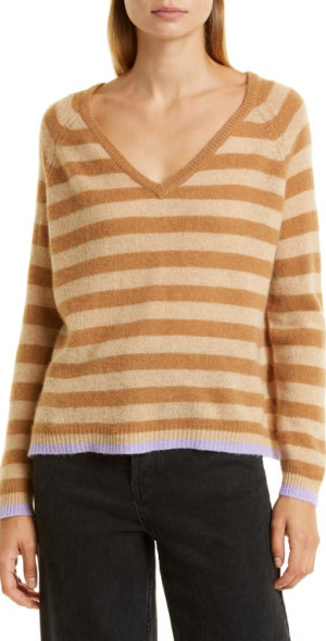 JUMPER 1234 - Wide Stripe V-Neck Cashmere Sweater in Camel Lavendar at ...