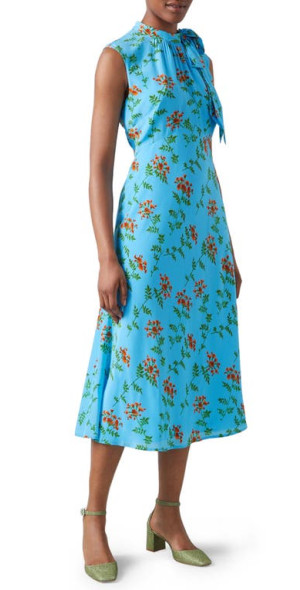 L.K. Bennett - Vali Norse Floral Tie Neck Silk Midi Dress in Norse Blue ...