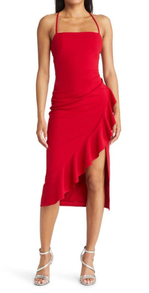 LNL - Square Neck Side Ruffle Midi Dress in Red
