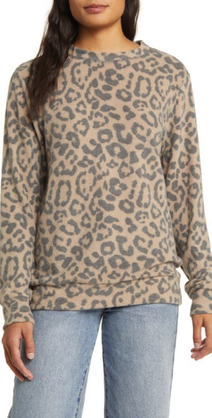 Loveappella - Leopard Print Long Sleeve Hacci Knit Top in Camel ...