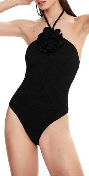 MANGO - Textured Rosette One-Piece Swimsuit in Black at Nordstrom