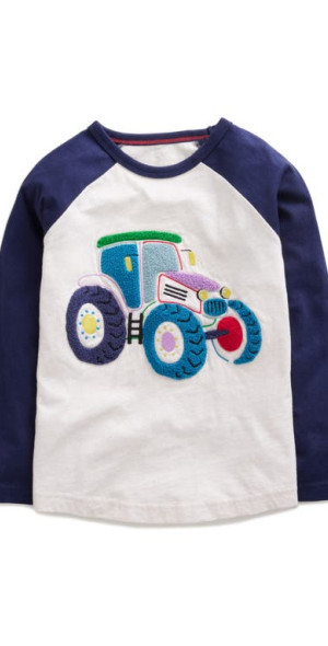 Mini Boden - Kids' Bouclé Tractor Long Sleeve Baseball Shirt in Oatmeal ...