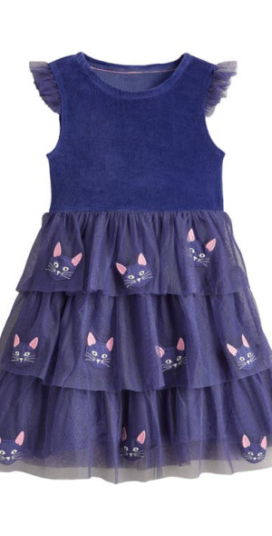 Mini Boden - Kids' Cat Appliqué Tiered Tulle Dress in Starboard Blue Cat