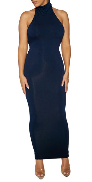 Naked Wardrobe - Turtleneck Open Back Sleeveless Maxi Dress in Navy at ...