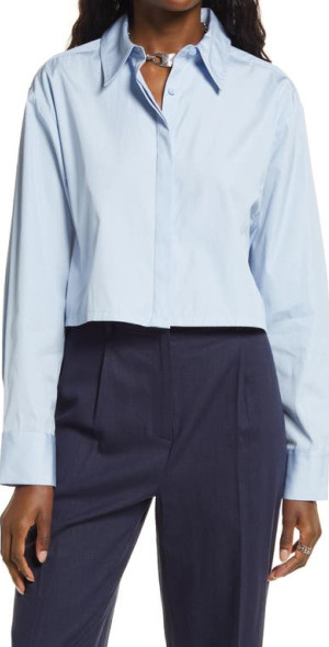Open Edit - Poplin Crop Button-Up Shirt in Blue Kentucky