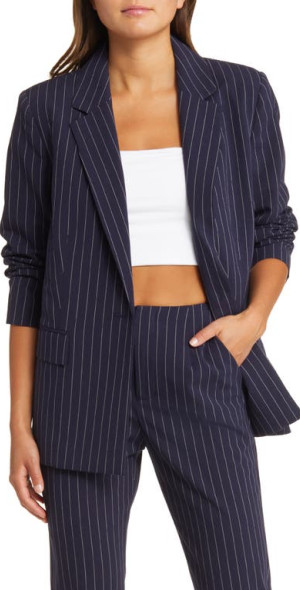 Open Edit - Relaxed Fit Blazer in Navy Mimi Pinstripe