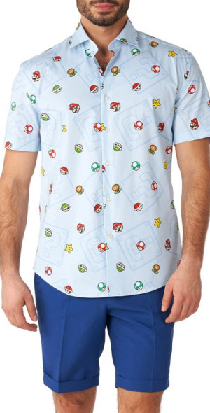 OppoSuits - Super Mario Stretch Short Sleeve Button-Up Shirt in Blue
