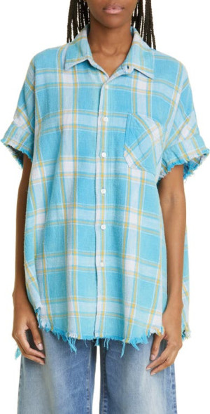 R13 - Boxy Plaid Fray Hem Short Sleeve Cotton Flannel Button-Up Shirt ...