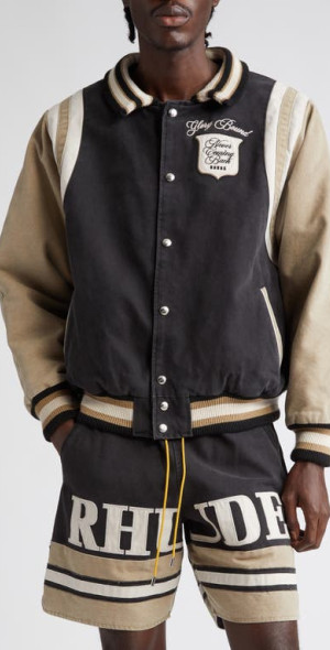 Rhude - Washed Cotton Canvas Varsity Jacket in Brown/Crme at Nordstrom