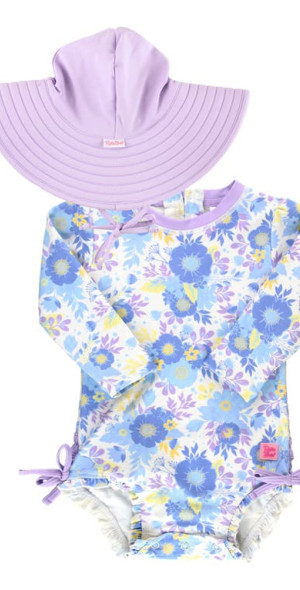 RuffleButts - Pristine Periwinkle One-Piece Rashguard Swimsuit & Hat ...