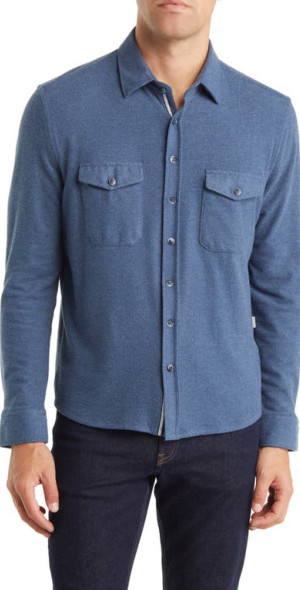 Stone Rose - Dry Touch Performance Fleece Button-Up Shirt in Denim Blue