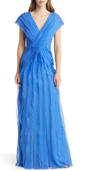 Tadashi Shoji - Cap Sleeve Shutter A-Line Gown in Cadet Blue
